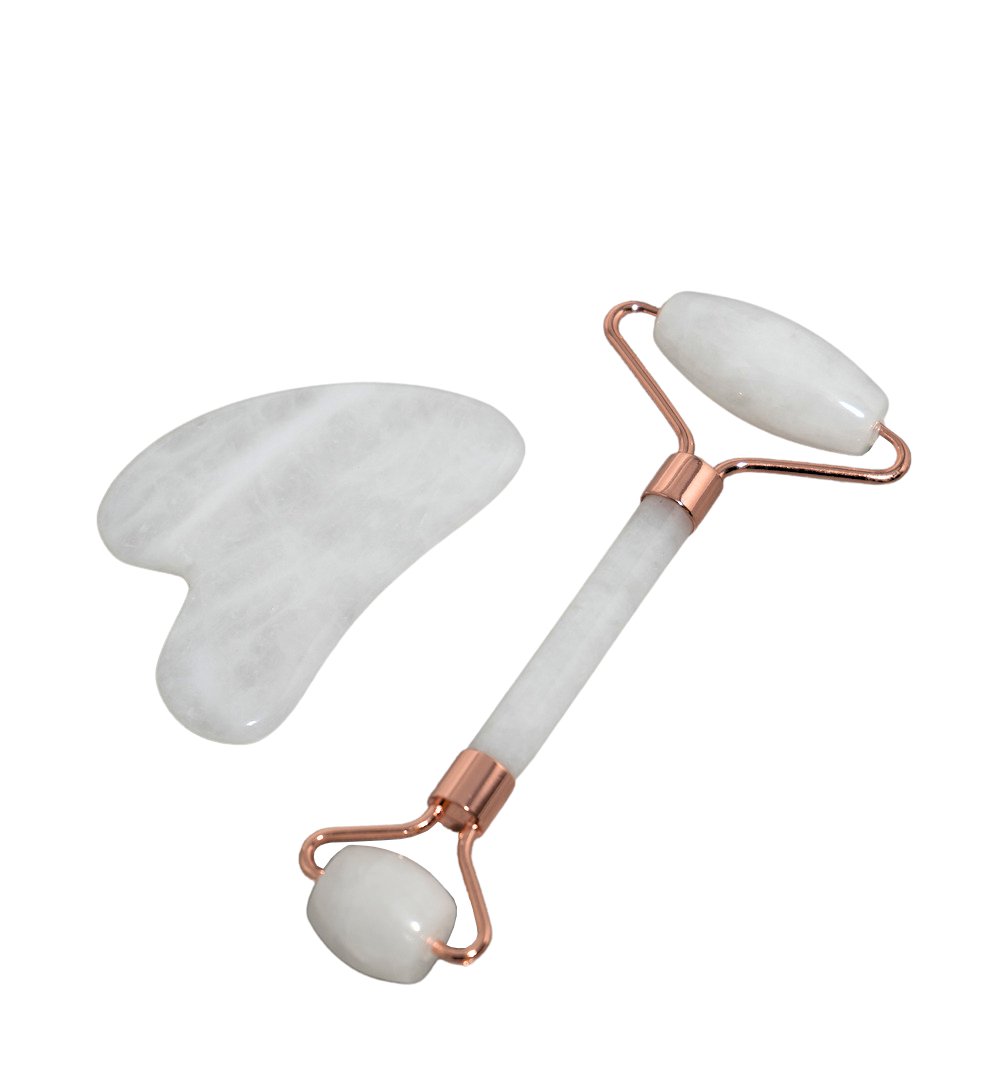 Rose Gold Clear Quartz Facial Roller & Gua Sha Dual Set – Buddha Beauty ...
